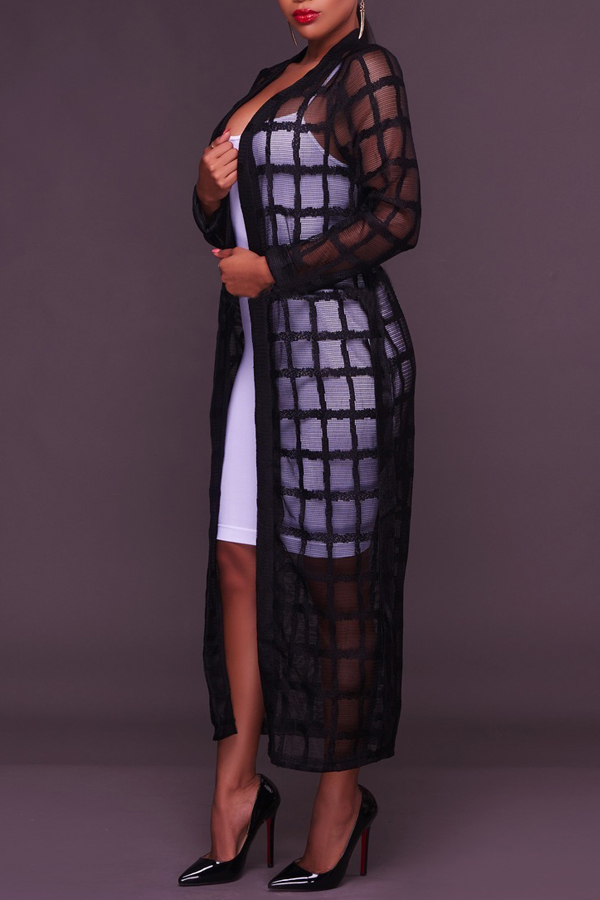 Trendy V Neck See-Through Black Polyester Long CoatLW | Fashion Online ...