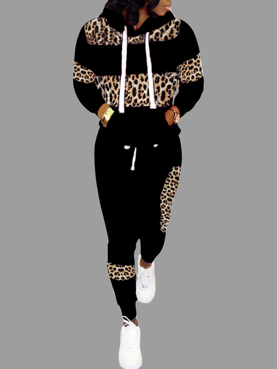 LW Leopard Print Kangaroo Pocket Tracksuit Set Sale | LovelyWholesale