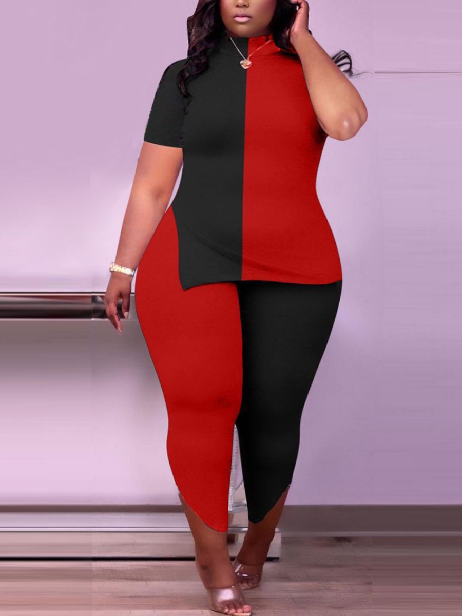 LW Plus Size Color-lump Slit Pants Set Sale | LovelyWholesale