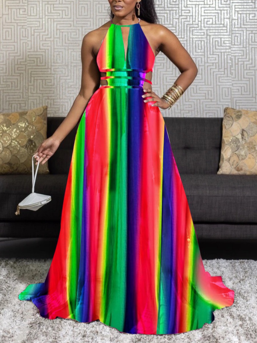LW Rainbow Striped A Line Prom Dress Sale | LovelyWholesale